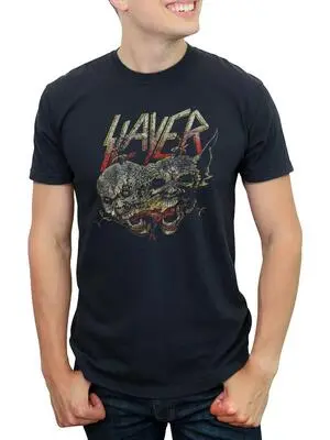 SLAYER Demon Faces Distressed Short Sleeve Graphic T-shirt - Black
