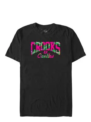 CROOKS & CASTLES Pink Tropical Print Graphic T-shirt - Black