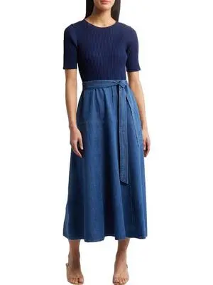 ZOE AND CLAIRE Mixed Media Midi Dress - Navy
