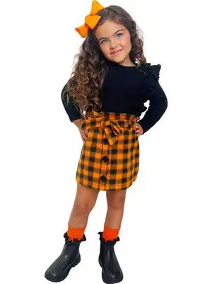 MIA BELLE GIRLS Ruffled Top And Checkered Skirt Set - Orange
