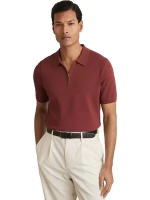 REISS Berkley Cotton Half-zip Knitted Polo Shirt - Rust