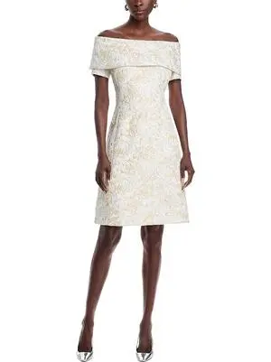 Rickie Freeman For Teri Jon Metallic Jacquard Off-the-shoulder Dress - Ivory Multi