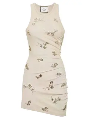 Philipp Plein Floral-embellishment Ribbed Mini Dress - Grey