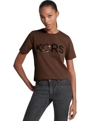 Michael Kors Sequined Logo Cotton T-shirt - Brown