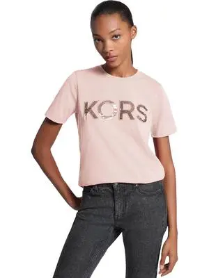 Michael Kors Sequined Logo Cotton T-shirt - Pink