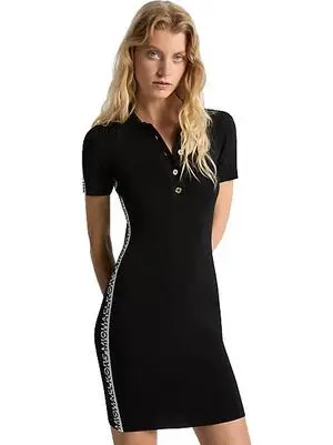 Michael Kors Stretch Knit Logo Tape Polo Dress - Black