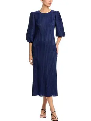 NANCY YANG Puff Sleeve Crinkled Dress - Navy