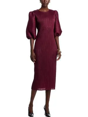 NANCY YANG Puff Sleeve Crinkled Dress - Wine