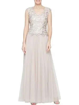 Alex Evenings Embroidered Cap Sleeve Evening Gown - Taupe