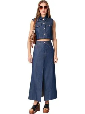 Maje Cotton Denim Cropped Sleeveless Jacket - Navy