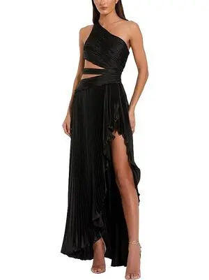 Mac Duggal One Shoulder Pleated Charmeuse Gown With Slit Black