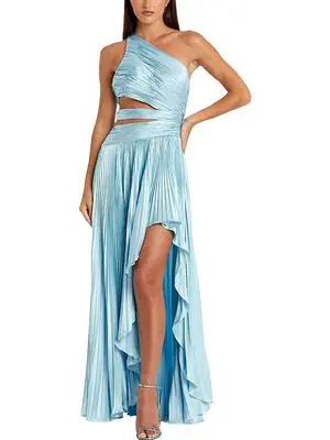 Mac Duggal One Shoulder Pleated Charmeuse Gown With Slit Powder Blue