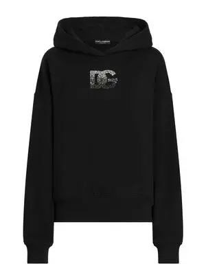 Dolce & Gabbana Jersey Hoodie With Rhinestone Dg Embellishment - Black