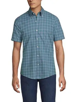 LANDS' END Short Sleeve No Iron Twill Shirt - Rain Storm Blue Windowpane