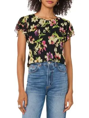 Vince Camuto Floral Print Mesh Top - Rich Black
