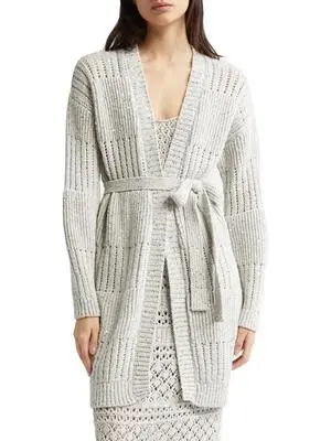 Eleventy Sequin Cotton-blend Belted Cardigan - Pearl Grey