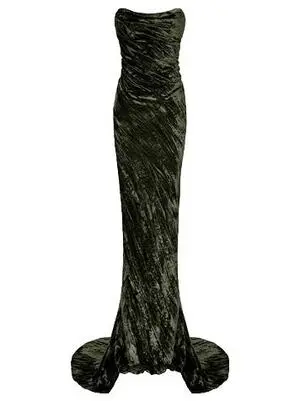 MARMAR HALIM Strapless Crushed Velvet Gown Olive