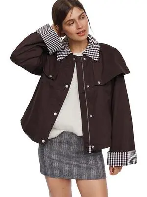 Avec Les Filles Gingham Trim Cape Jacket Java Brown