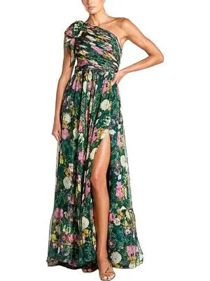 Mac Duggal Side Cut Out One Shoulder Gown - Deep Green Multi