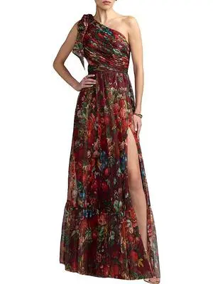 Mac Duggal Mac Duggal One-Shoulder Gown With Floral Print And Side Slit Wine Multi