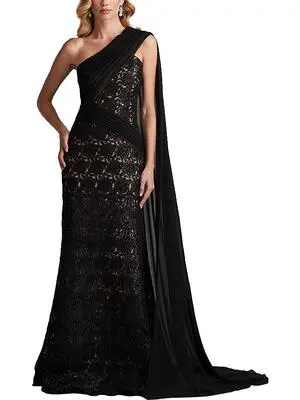 Tadashi Shoji Eamon Draped Sleeve Sequin Embroidered Gown Black/nude