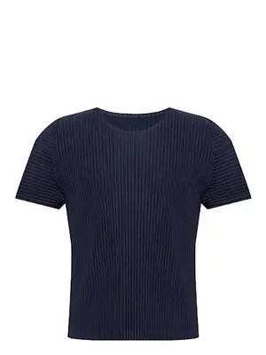 Issey Miyake Round-neck Pleated Knitted T-shirt 3 Navy