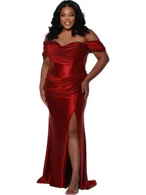 SYDNEY'S CLOSET Off-the-shoulder Fitted Evening Gown - Burgundy