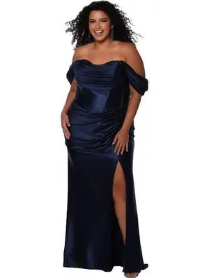 SYDNEY'S CLOSET Off-the-shoulder Fitted Evening Gown - Navy