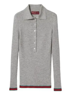 Gucci Cashmere And Silk Polo Top With Web - Grey