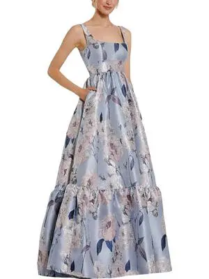Mac Duggal Brocade Scoop Neck Floral Gown - Blue Multi