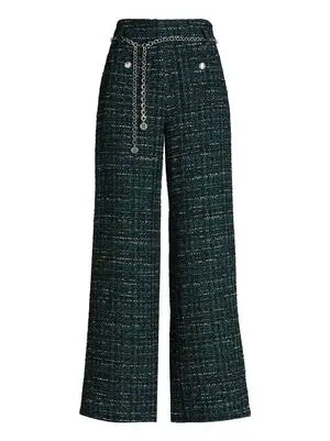 Maje Belted Metallic Bouclé-tweed Wide-leg Pants - Forest Green