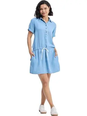 REISTOR Drawstring Denim Shirt Dress - Blue