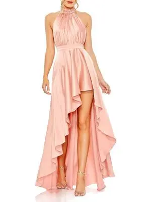 Mac Duggal High-neck High-low Satin Gown - Rose