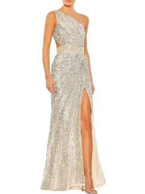 Mac Duggal Sequined One-shoulder Lace-up Gown - Nude Silver