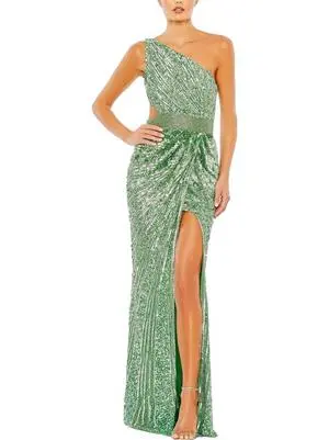 Mac Duggal Sequined One-shoulder Lace-up Gown - Sage