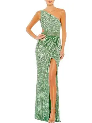 Mac Duggal Sequined One-shoulder Draped Gown With Lace-up Back - Sage