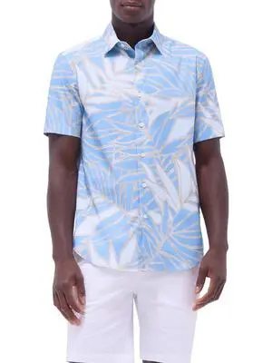 Bugatchi Orson Leaf Print Short Sleeve Stretch Cotton Button-up Shirt - Air Blue