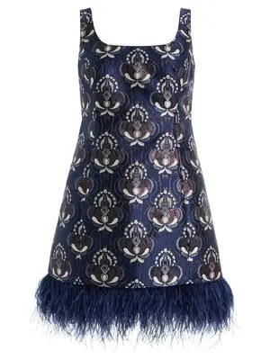 Cara Cara Carlie Feather-trimmed Jacquard Mini Dress - Navy