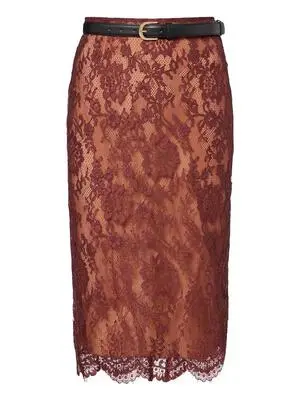 SELF-PORTRAIT Belted Floral Lace Midi Skirt - Brown