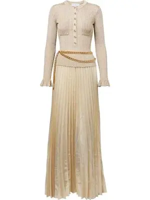 SELF-PORTRAIT Ribbed-knit Lamé Plissé Maxi Dress - Gold