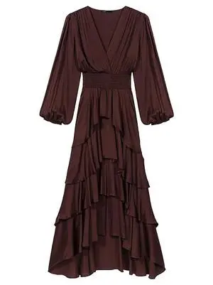 Maje Ruffled V-neck Woven Maxi Dress - Brown