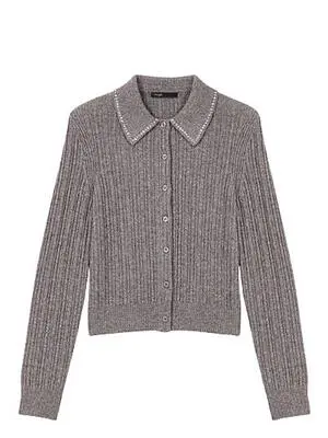 Maje Slim-fit Wool Cardigan With Rhinestone Collar - Grey