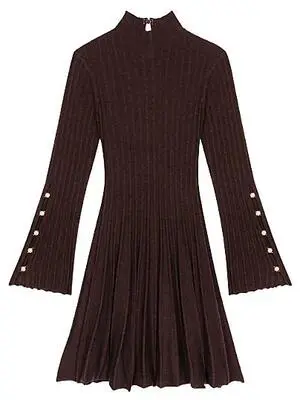 Maje Pleated High-neck Mini Dress - Dark Brown