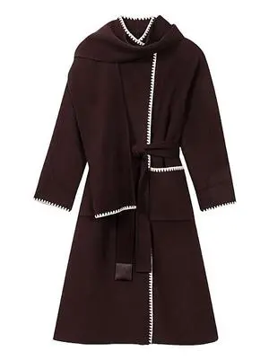 Maje Wool-blend Coat With Removable Scarf And Embroidered Trim - Dark Brown