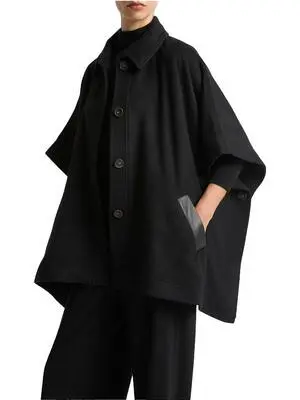 Vince Leather-Trim Wool Cape Black