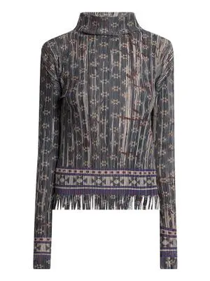 Giorgio Armani Geo Print Plisse Jersey Top With Fringe - Gray