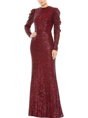 Mac Duggal Sequined High Neck Puff Long Sleeve Column Gown - Wine