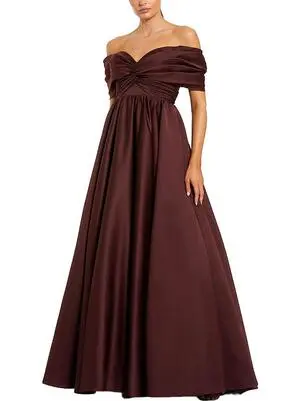 Mac Duggal Satin Off The Shoulder Twist Evening Ballgown - Wine