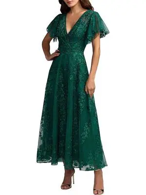 Mac Duggal Flutter Sleeve Embellished A-line Tea-length Dress - Emerald