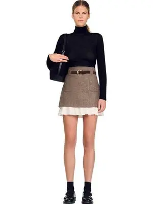 Sandro Mini Checked Skirt With Belt - Brown